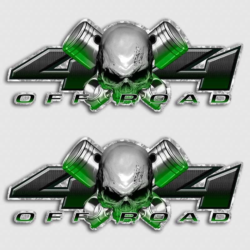 Chevy Silverado Piston Skull Truck 4x4 Decals | Motor Garage Green Stickers