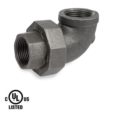 Black Pipe Fittings 300# Malleable Iron - 1-1/2" Union Elbow with Brass Seats, NPT, UL/FM