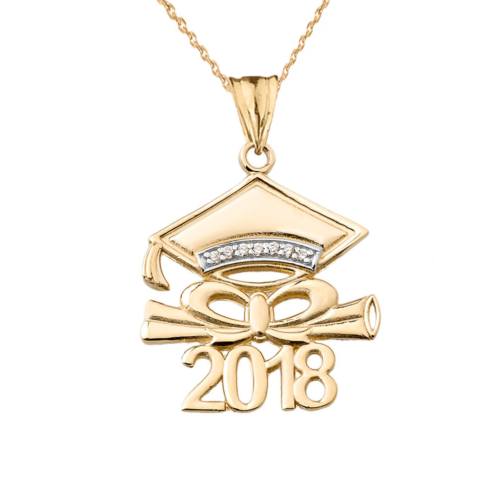 Diamond 2018 Graduation Cap And Diploma Pendant Necklace In Yellow Gold