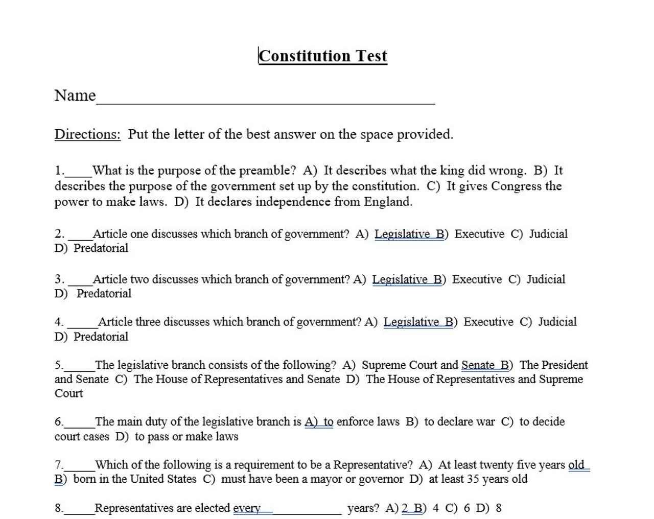 Us Constitution Test And Answer Key Amped Up Learning